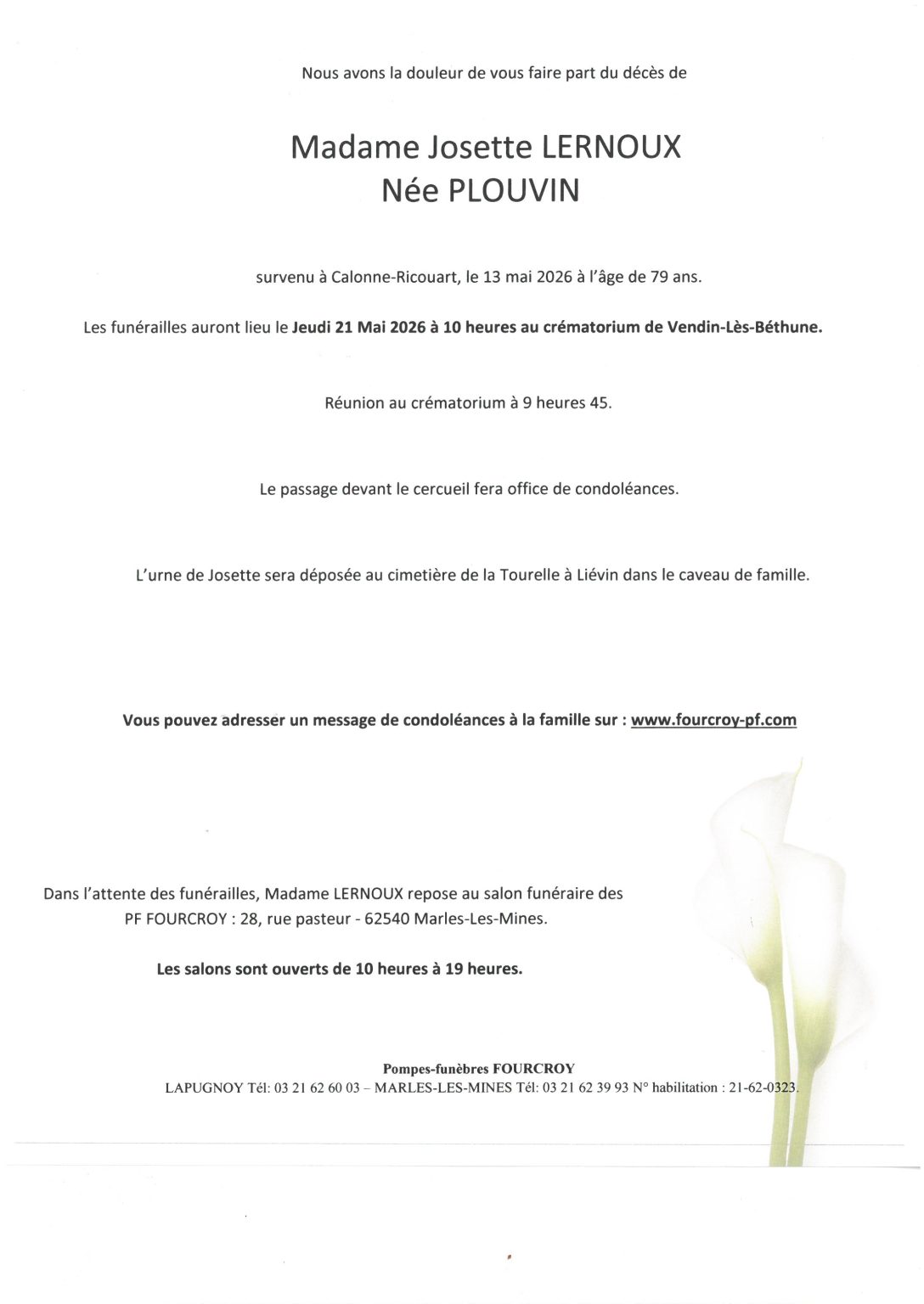 Avis de décès - Pompes funèbres fourcroy